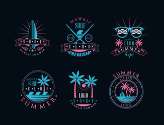 Summer surf club retro logo templates set hawaii Vector Image