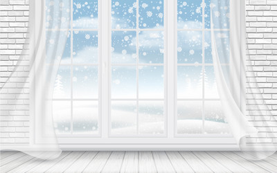 Window overlooking the sunrise in a snowy Vector Image