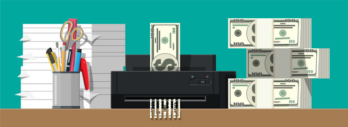 Hand putting dollar banknote in shredder machine Vector Image