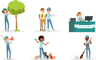 Volunteers collection young people helping Vector Image