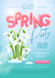 Spring disco party poster with realistic snowdrops