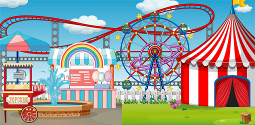 An outdoor funfair scene with rides and kids Vector Image
