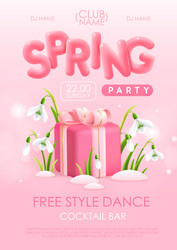Spring disco party poster with realistic snowdrops