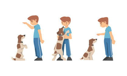 Young boy training his dog teaching him sitting Vector Image