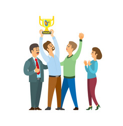 Angry office worker destroying trophy of colleague