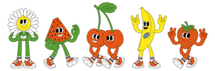 Fruit retro funky cartoon characters comic mascot Vector Image