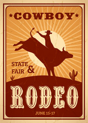 Rodeo poster with a cowboy sitting on rearing Vector Image