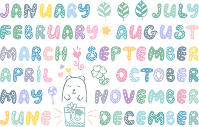 Bundle of colorful english names months written Vector Image