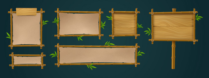 Wooden bamboo sign board frame game ui set Vector Image