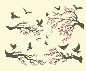 Flock of flying birds on tree branch with leafs Vector Image