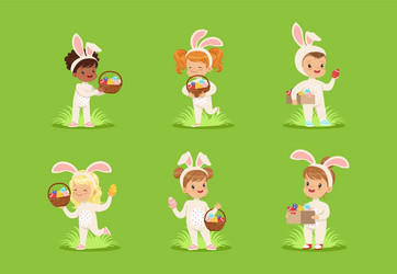 Easter with smiling children in bunny costume Vector Image