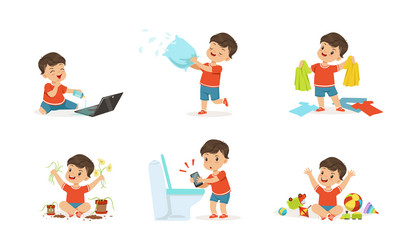 Naughty little boy playing games and making mess Vector Image