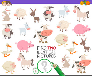 Find two identical farm animals game for kids Vector Image