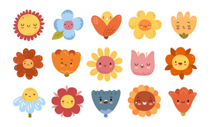 Cartoon daisy flowers with emoji smiling faces Vector Image
