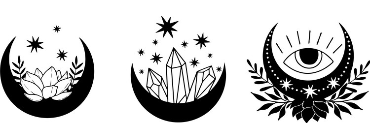 Magic black moon with stars and crystals on white Vector Image