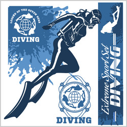 Set scuba diver silhouette and diving labels Vector Image