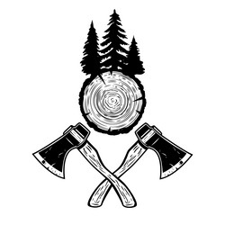 Crossed lumberjack axes with wood cut design Vector Image