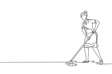 Single continuous line drawing woman mopping Vector Image