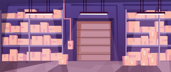 Cartoon warehouse interior with employee in boiler