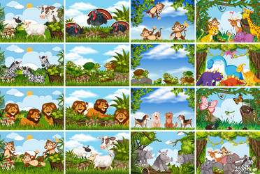 Cute set animals in jungle scene Royalty Free Vector Image