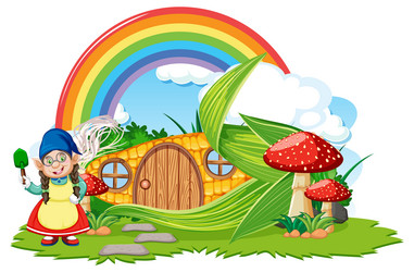 Fantasy corn house with rainbow in the sky Vector Image