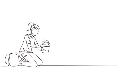 Continuous one line drawing happy girl taking Vector Image