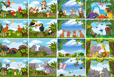 Cute set animals in jungle scene Royalty Free Vector Image