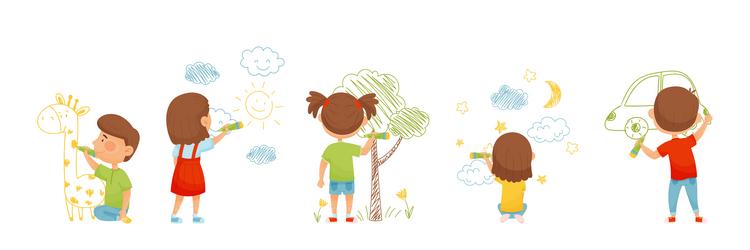Children drawing on wall with colorful crayons Vector Image