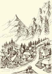 Alpine landscape sketch mountain cabin pine tree Vector Image