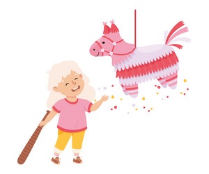 Funny girl striking and hitting pinata hanging Vector Image