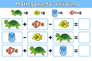 Subtraction for children math game sea animals-3 Vector Image