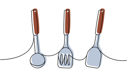 Kitchen utensils one line colored continuous Vector Image