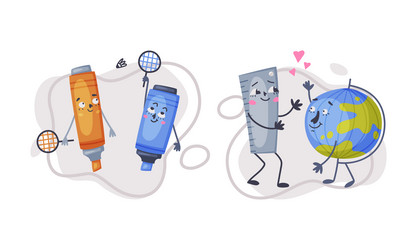 Set of funny school supplies characters paper Vector Image