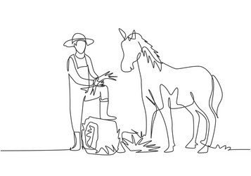 Single continuous line drawing young male farmer Vector Image