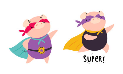 Funny powerful superhero pigs set cartoon Vector Image