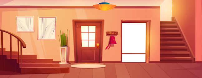 Hallway cartoon interior with stairs and open door