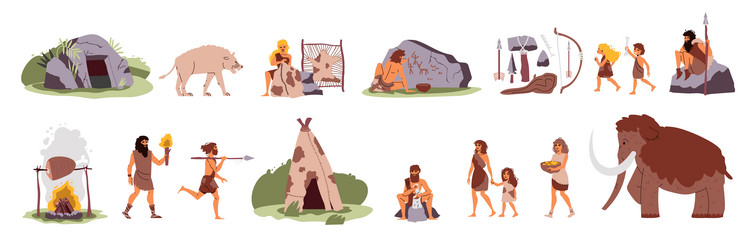 Primitive stone age people flat icon set Vector Image