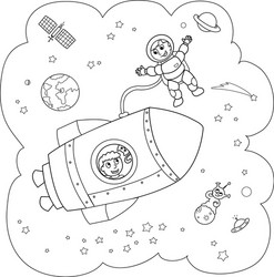 Doodle space planets rocket ship stars explore Vector Image