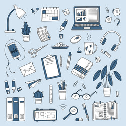 Workspace doodle set with lamp smartphone laptop Vector Image