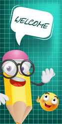 Welcome lettering with cartoon pencil character Vector Image