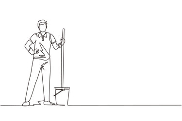 Single one line drawing young man mopping floor Vector Image