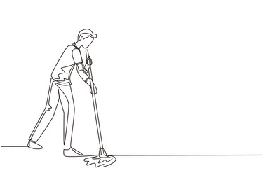Continuous one line drawing male mopping floor Vector Image