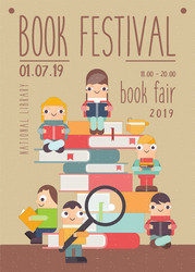 Book festival banner with people reading books Vector Image