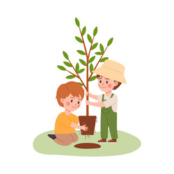 Cartoon children gardening and planting tree flat Vector Image