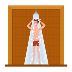 Young man taking shower in bathroom guy washing Vector Image