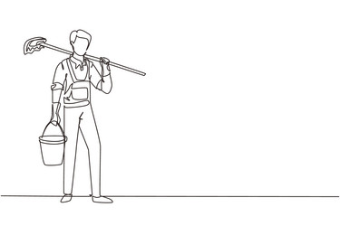Single continuous line drawing man mopping floor Vector Image