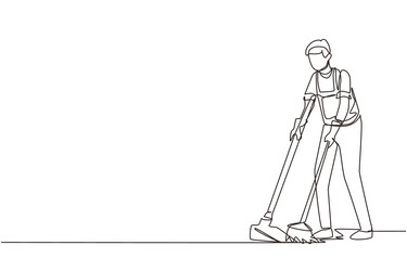 Single one line drawing young man mopping floor Vector Image