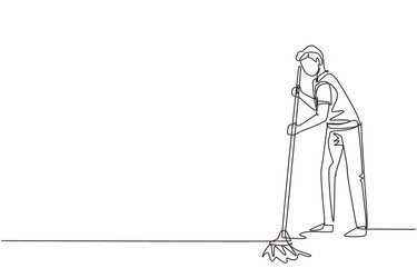 Single one line drawing young man mopping floor Vector Image