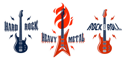 Hard rock emblems with electric guitar logos set Vector Image