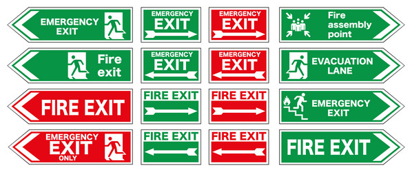 Fire safety signs set of emergency exit Royalty Free Vector